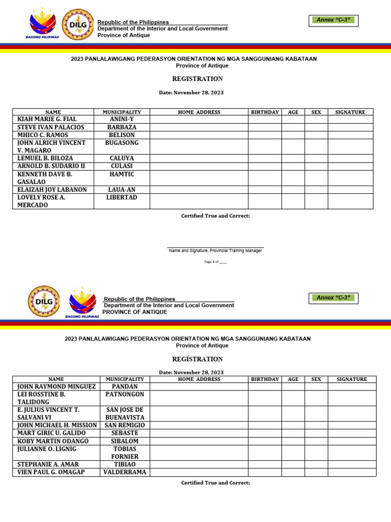 2023 - ANNEX C-3 - Registration Form Panlalawigang Pederasyon Orientation | PDF