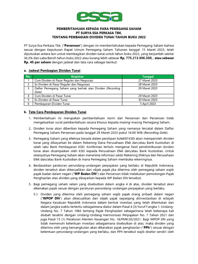Pengumuman Pembagian Dividen Tunai 2022 ESSA | PDF