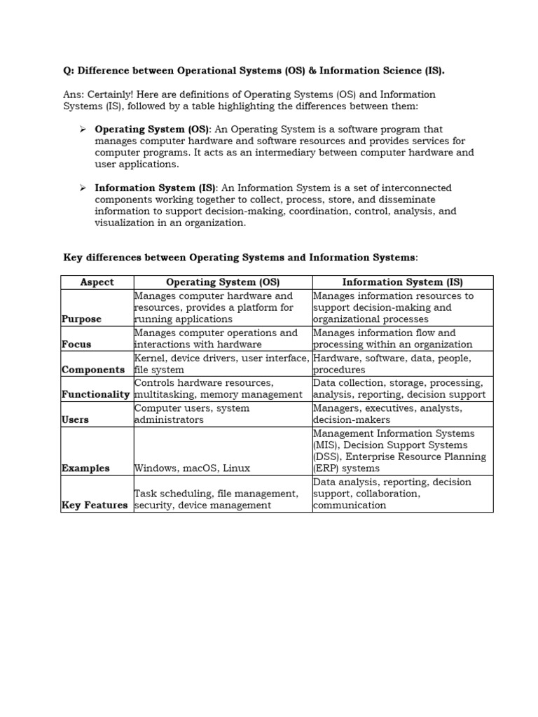 Difference between Operational Systems (OS) & Information Science (IS ...