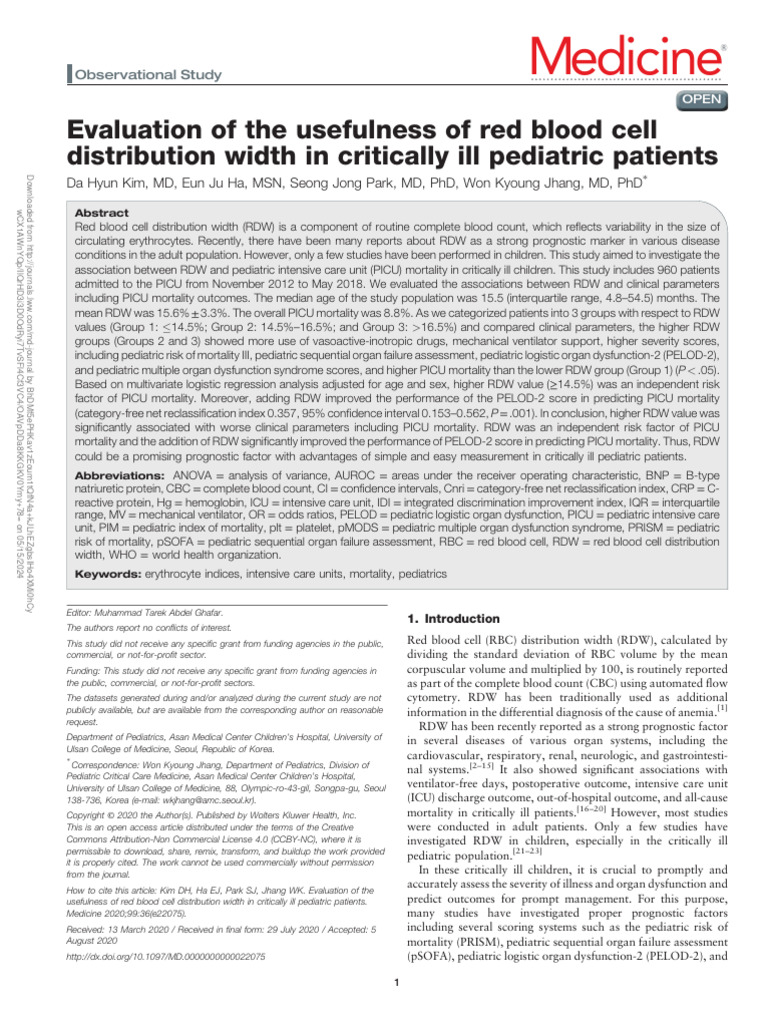 Evaluation of The Usefulness of Red Blood Cell.89 | PDF | Intensive ...