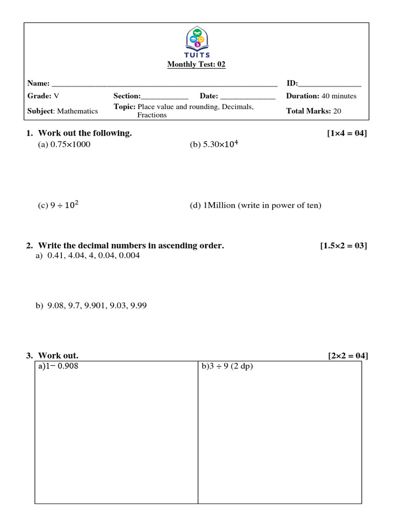 Grade V - Mathematics - M.T - 02 | PDF | Mathematical Notation ...