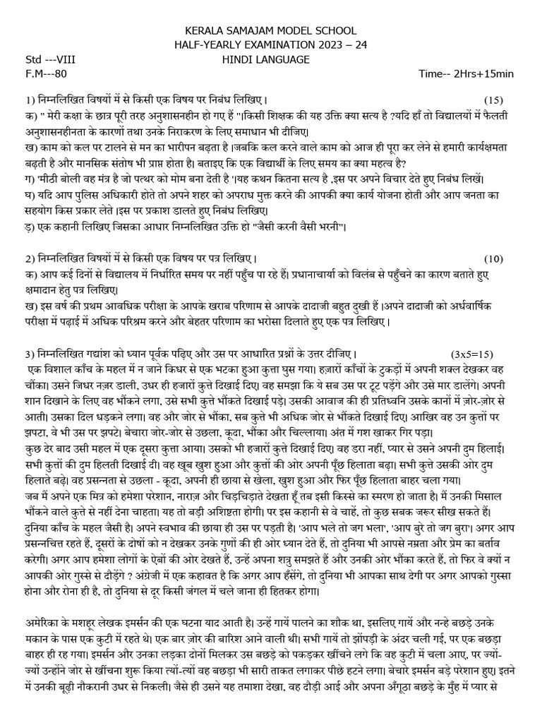 Std. VIII - Hindi Language | PDF