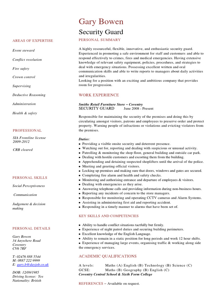 Security Guard CV Template | PDF | Security Guard