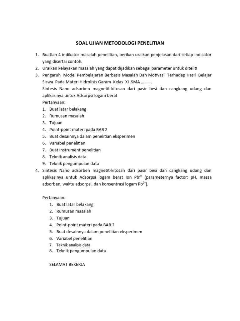 Soal Ujian Metodologi Penelitian 2024 | PDF