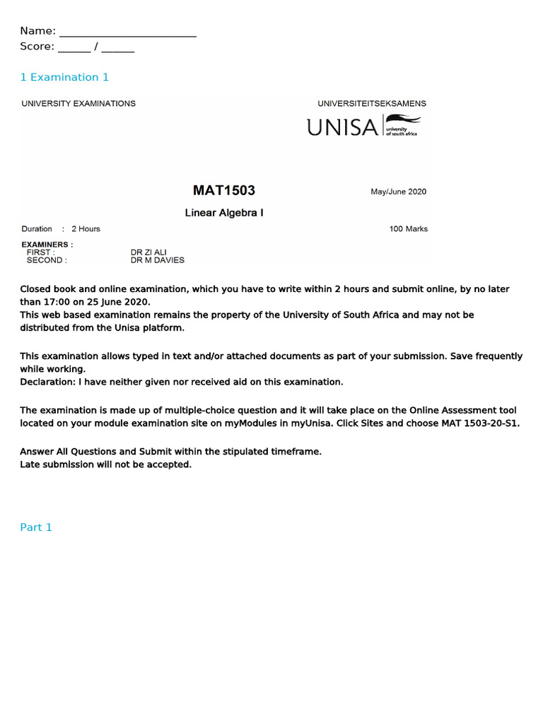 1 Examina2020414231035 MAT1503 | PDF | Matrix (Mathematics) | Equations
