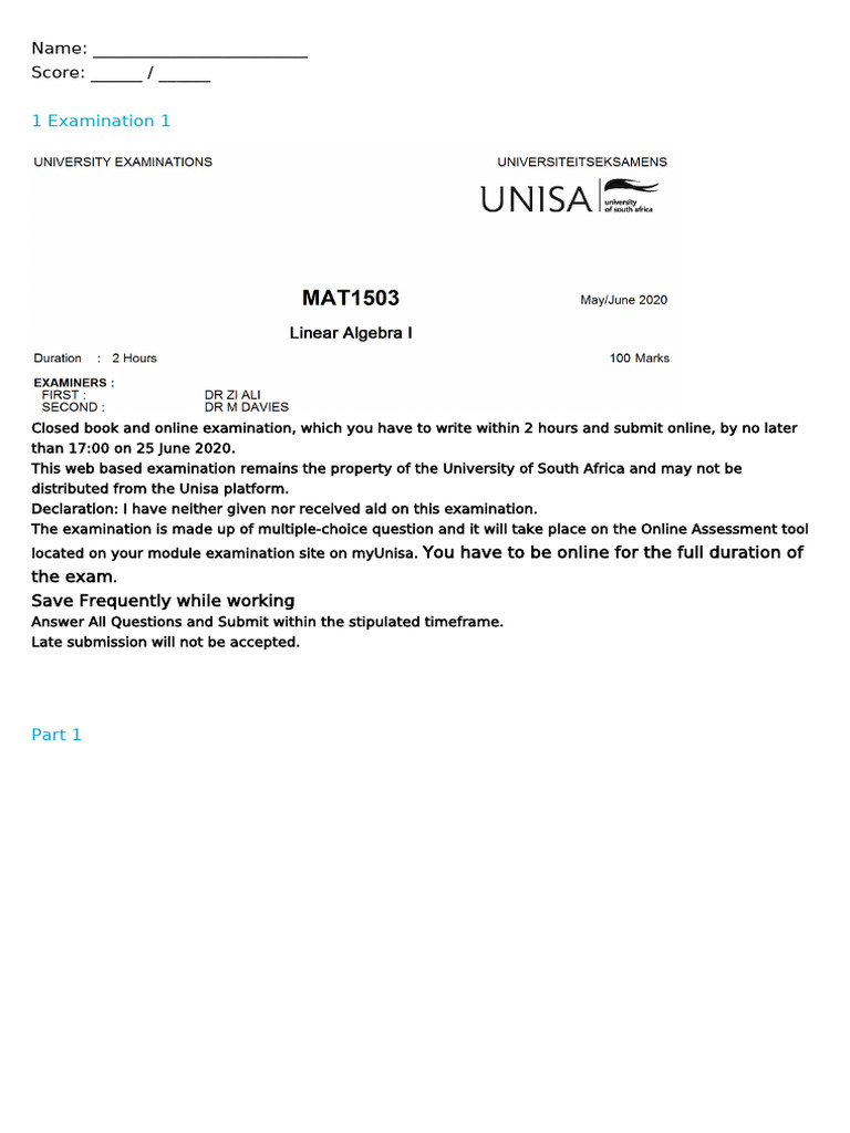 Unisa Online Exam Guidelines and Questions | PDF | Matrix Theory ...