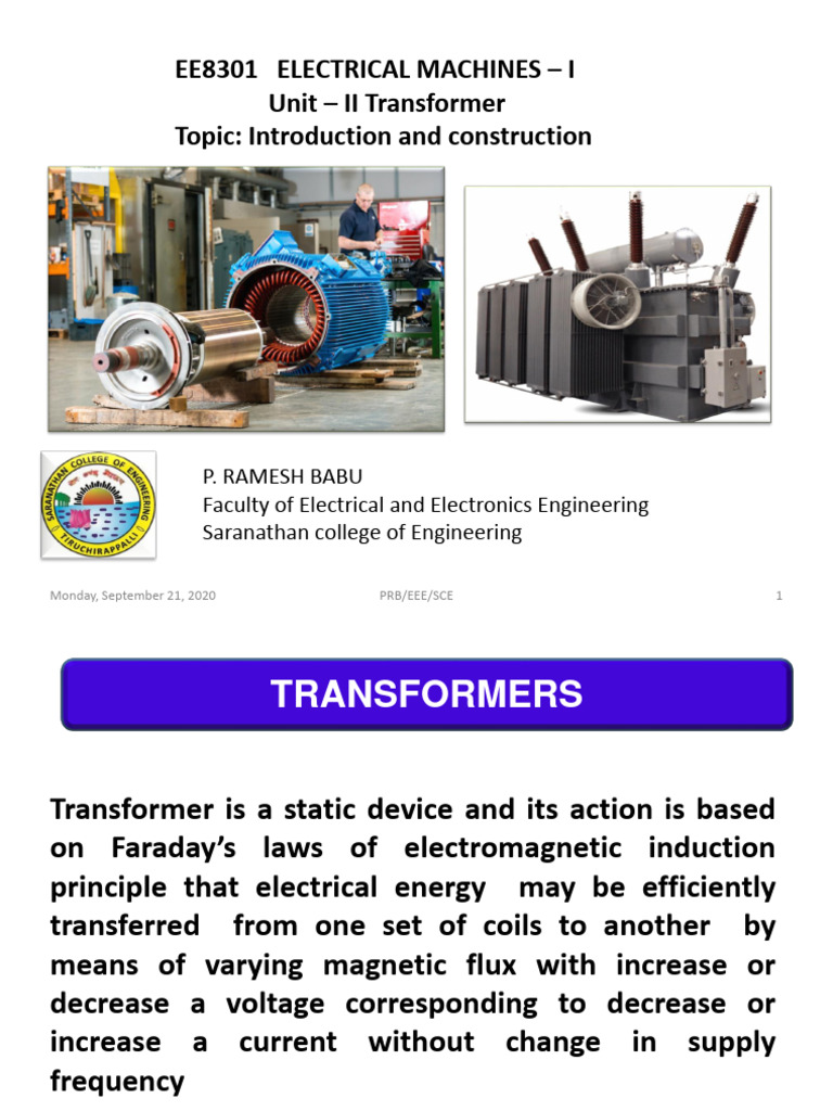 1EE 8301 Elec.mach.PPT 1 Unit 2Transformer | PDF | Transformer | Direct ...