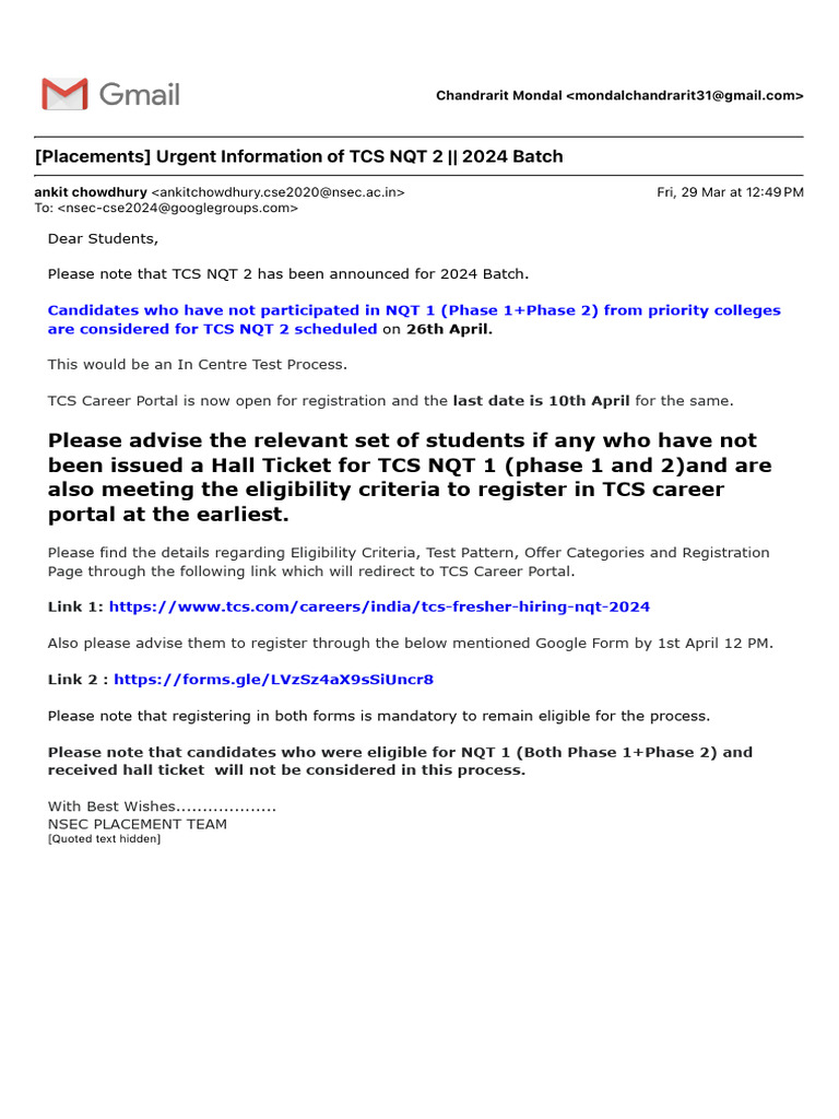 [Placements] Urgent Information of TCS NQT 2 2024 Batch | PDF