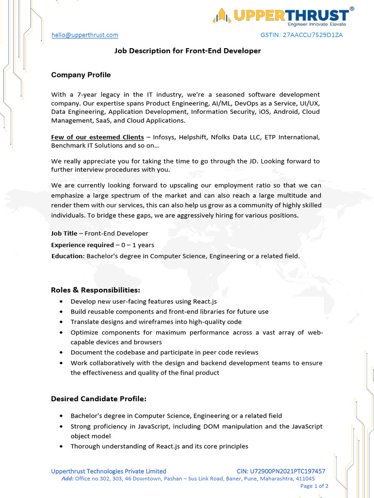 JD For Front-End Developer (Fresher) | PDF | Systems Engineering ...