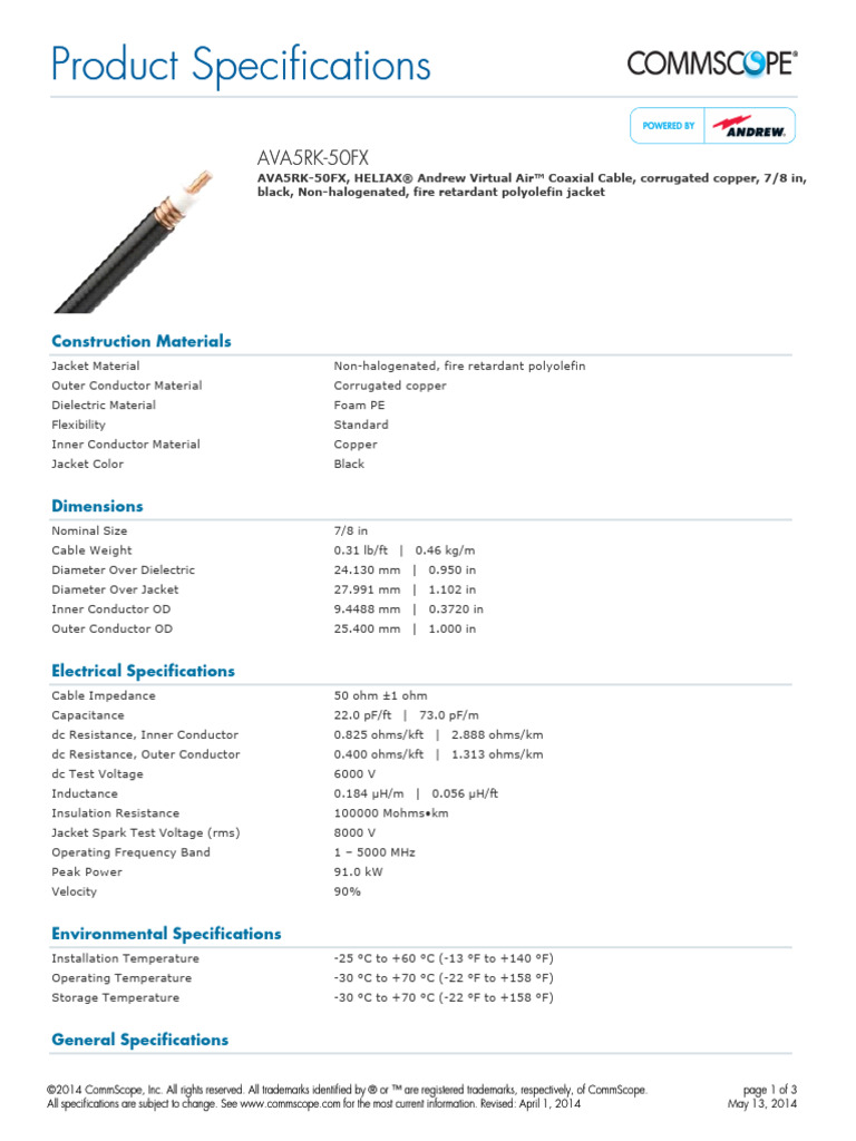 04 Coaxial Cable AVA5RK-50FX - Data Sheet | PDF | Coaxial Cable | Electrical Engineering