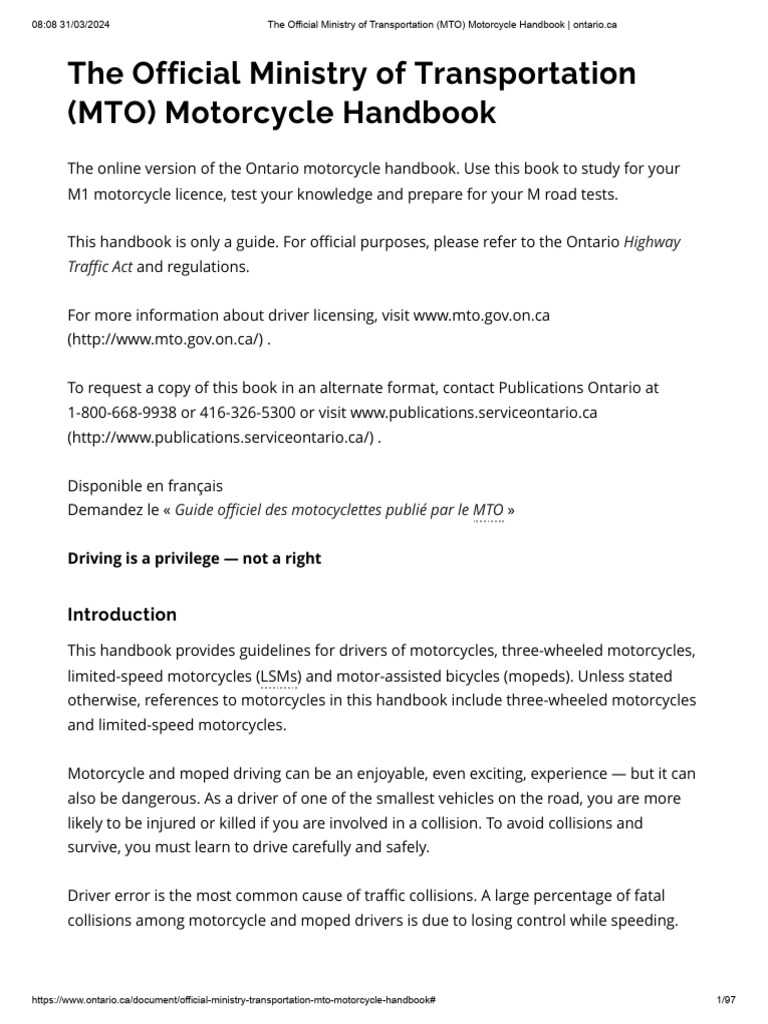 The Official Ministry of Transportation (MTO) Motorcycle Handbook | PDF ...