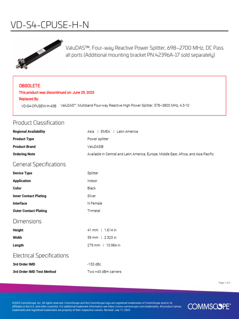 11 Splitter S4-CPUSE-H-N - Data Sheet | PDF | Decibel | Electrical ...