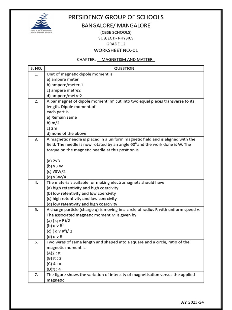 Grade 12 Phy Worksheet Magnetism and Matter | PDF | Magnetism ...