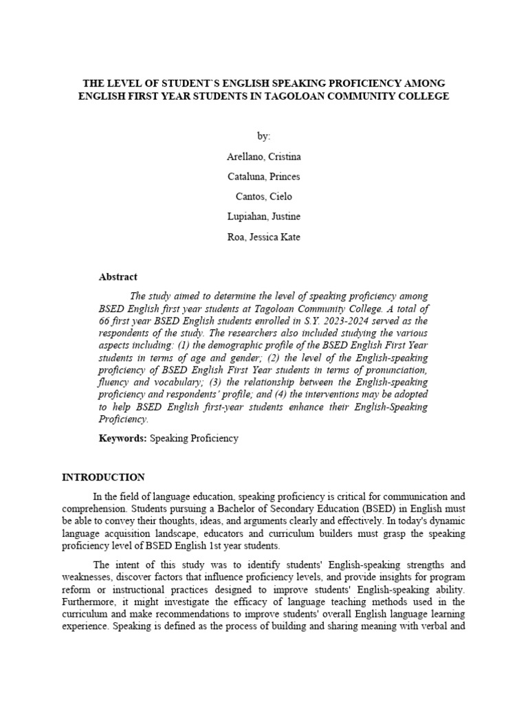Research Journal The Level of English Speaking Proficiency Among Bsed ...