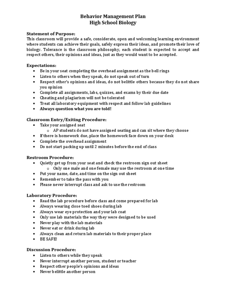 Behavior Management Plan High School Biology: Statement of Purpose ...