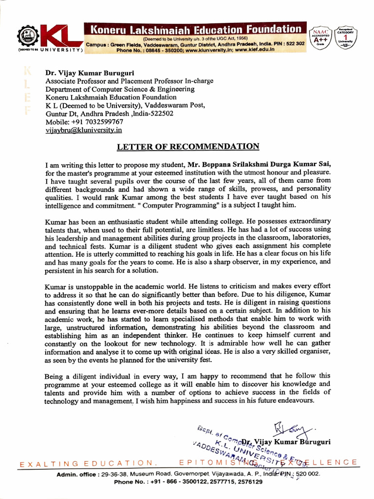 Vijay Sir LOR | PDF | Cognition | Learning