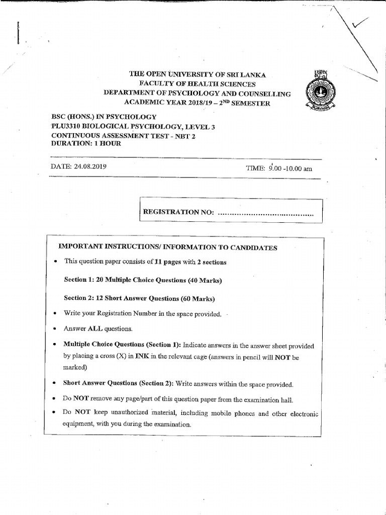 Biopsycholgy Past Paper 2 | PDF