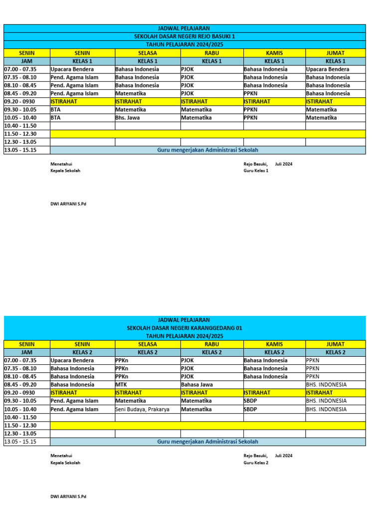 Jadwal Pelajaran SD Rejo Basuki 2024/2025 | PDF