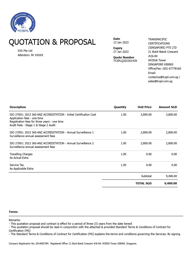 Transpacific ISO 27001 Quotation | PDF | Fee | Business