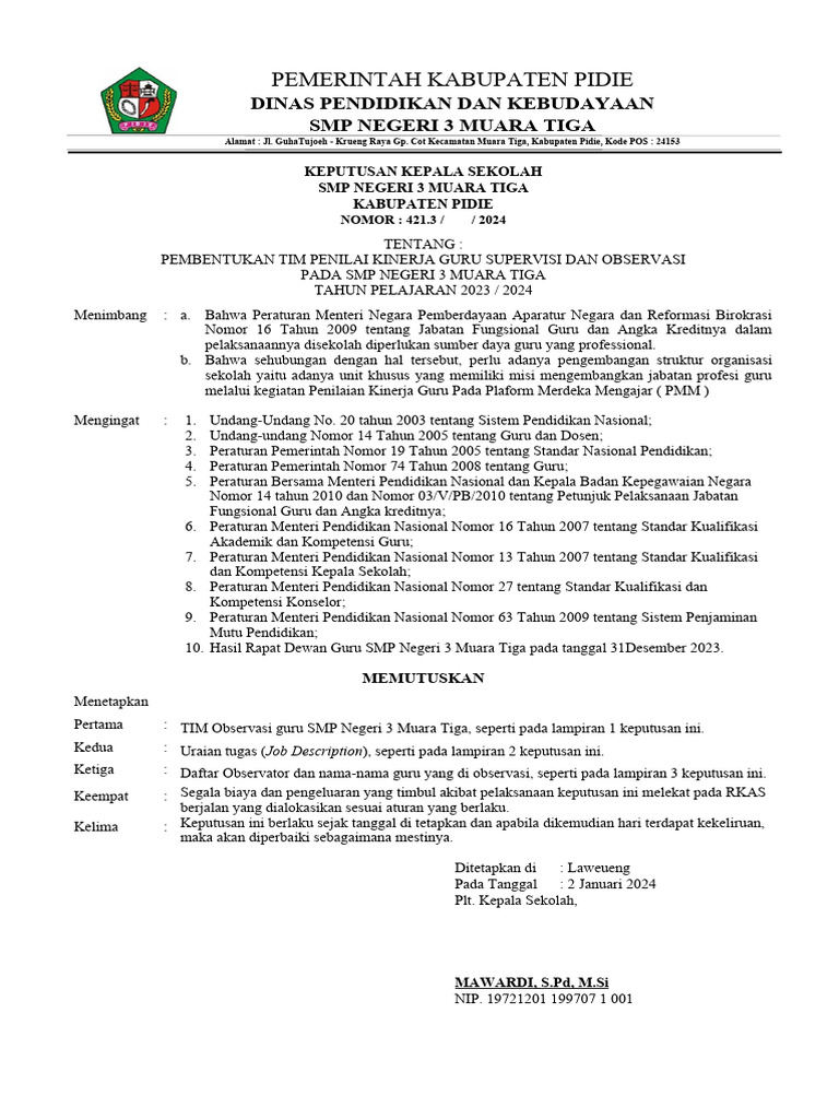 SK Tim PKG, Supervisi Dan Observasi 2023-2024 | PDF