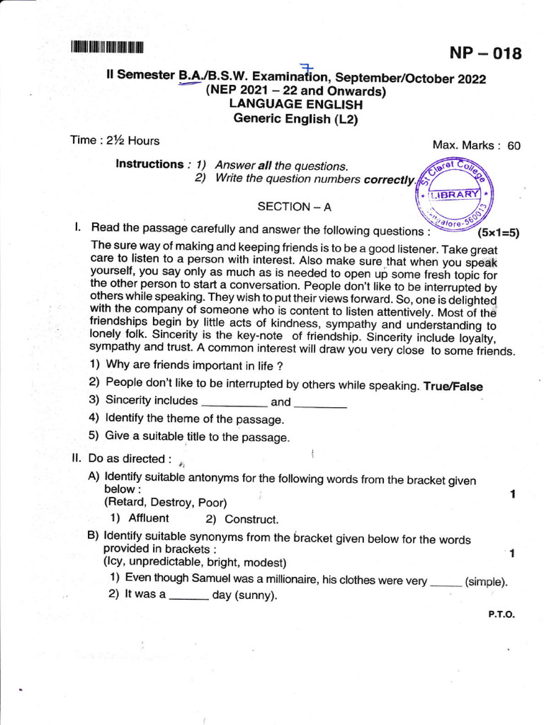 7 Generic English Sep Oct 2022 | PDF | Human Communication | Linguistics