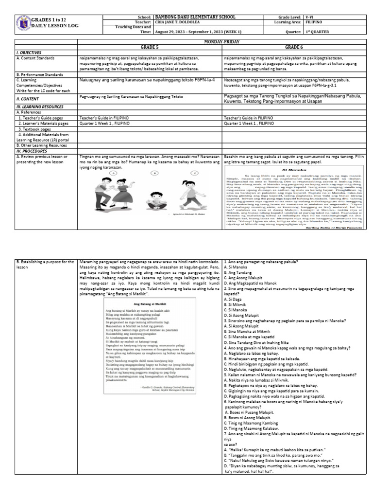 Q1 Multi DLL Filipino Week 1 | PDF Q1 Multi DLL Filipino Week 1 | PDF