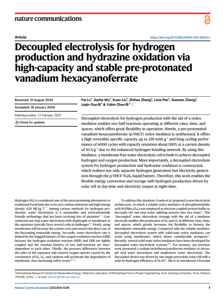 Decoupled Electrolysis for Hydrogen Production | PDF | Redox | Hydrogen