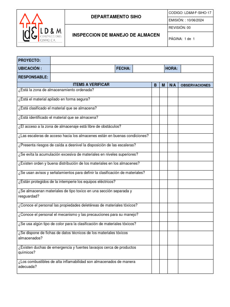 LD&M-F-SIHO-17 Inspeccion y Manejo de Almacen | PDF | Almacén