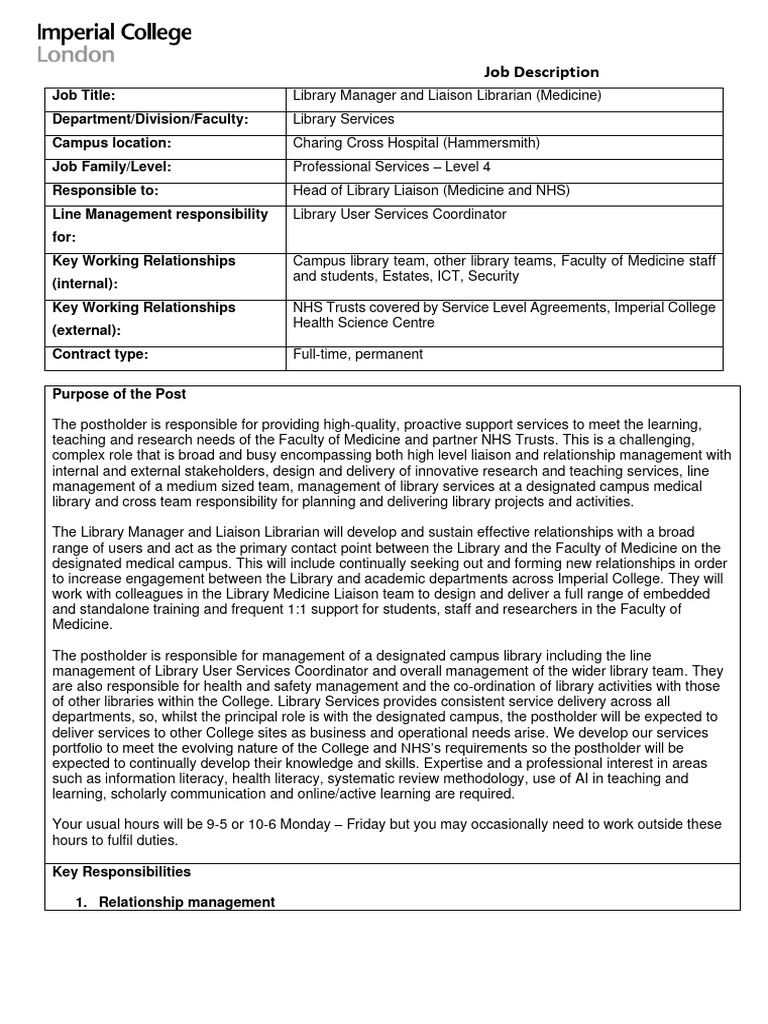 Library Manager Job Description - Medicine | PDF | Libraries ...