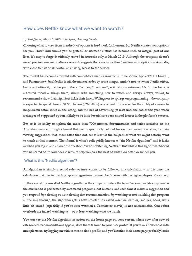 How Does Netflix Know What We Want To Watch | PDF | Netflix ...