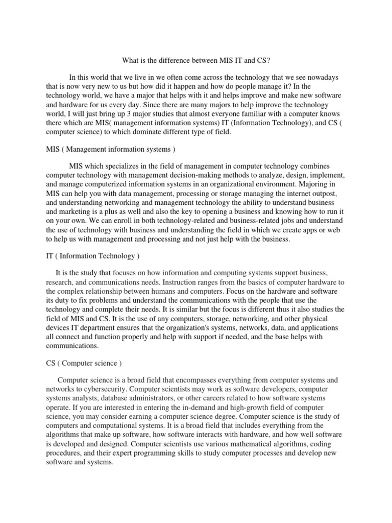 What The Different Between MIS IT and CS | PDF | Management Information System | Computer Science