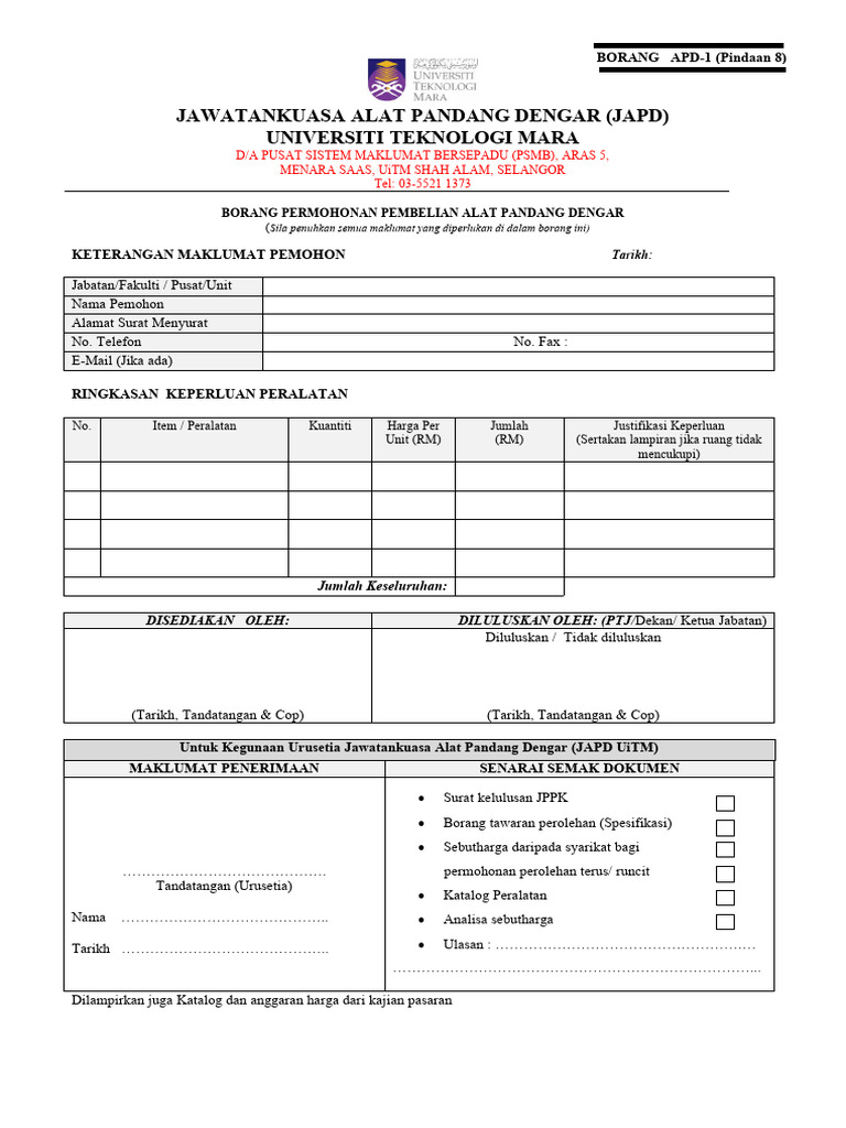 APD - 1 (Pindaan 8) - Borang Permohonan Pembelian Alat Pandang Dengar | PDF