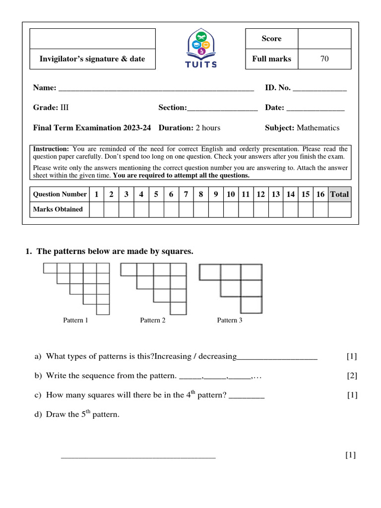 Final Term G3 Mathematics Ques (1) - 1 | PDF | Mathematics