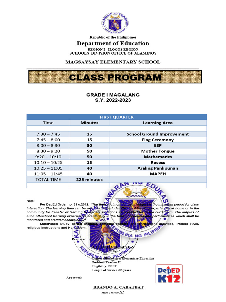 Class Program 2022-2023 | PDF | Teachers | Behavior Modification