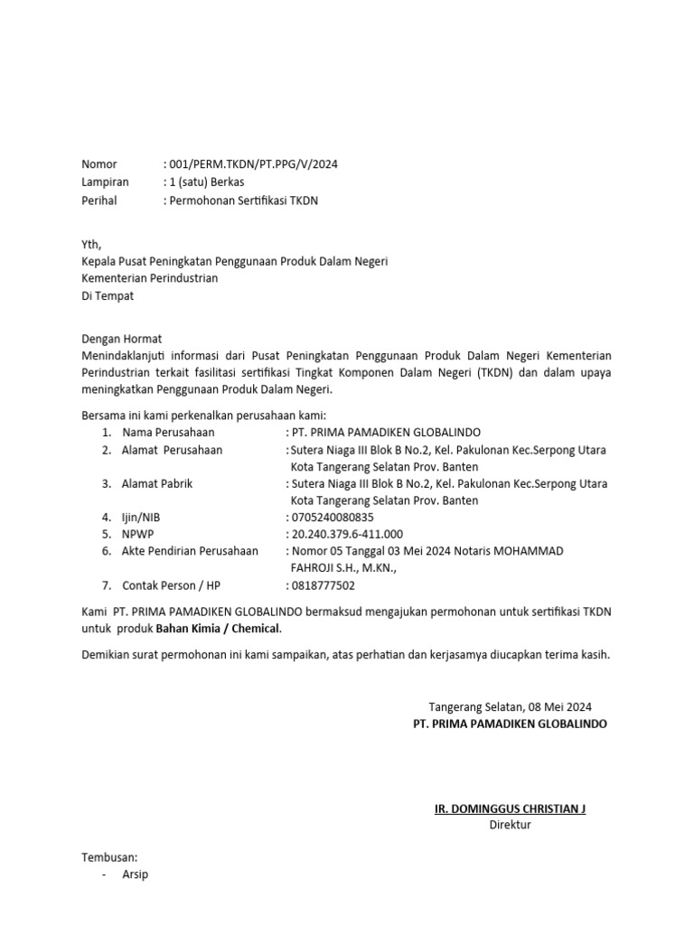 Surat Permohonan Sert TKDN P3DN | PDF | Bisnis | Pengelolaan Keuangan & Uang