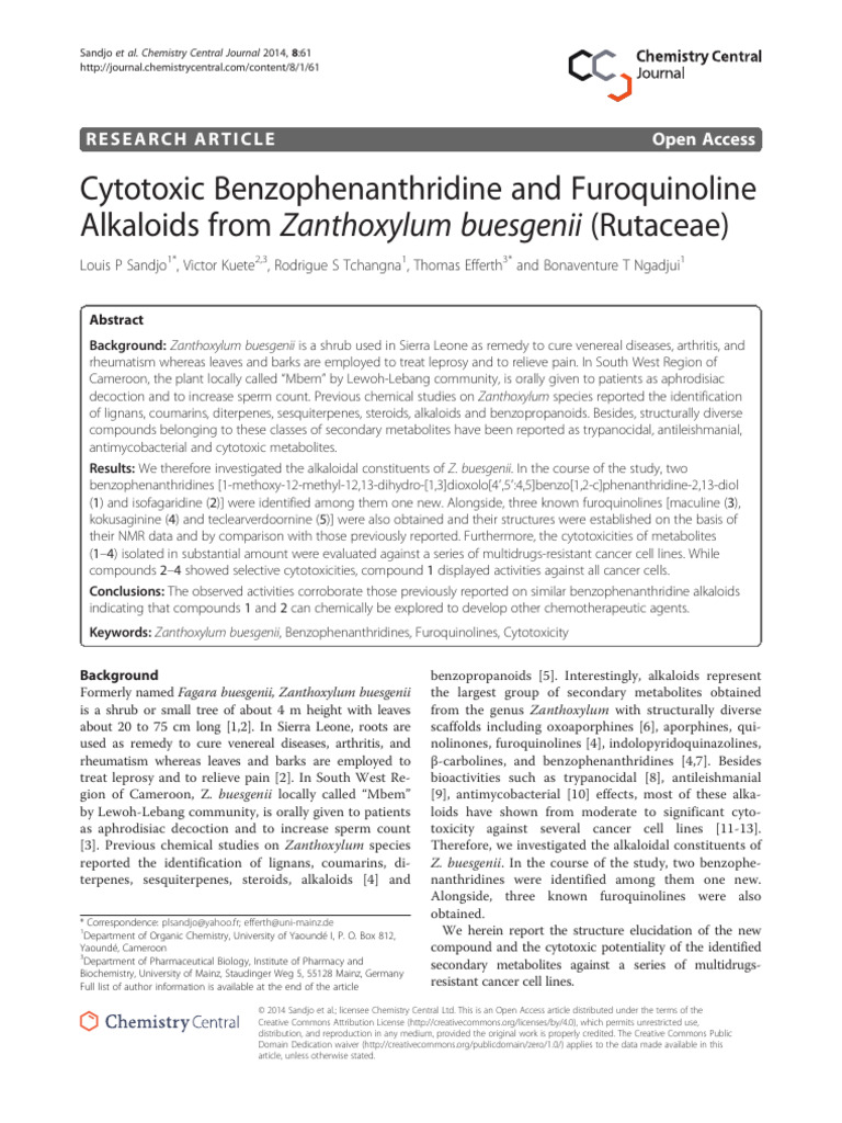 Sandjo. 2014. Cytotoxic Benzophenanthridine and Furoquinoline Alkaloids ...
