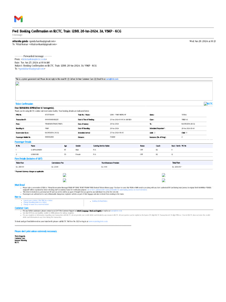 Gmail - FWD - Booking Confirmation On IRCTC, Train - 12861, 26-Jun-2024, 3A, VSKP - KCG | PDF ...