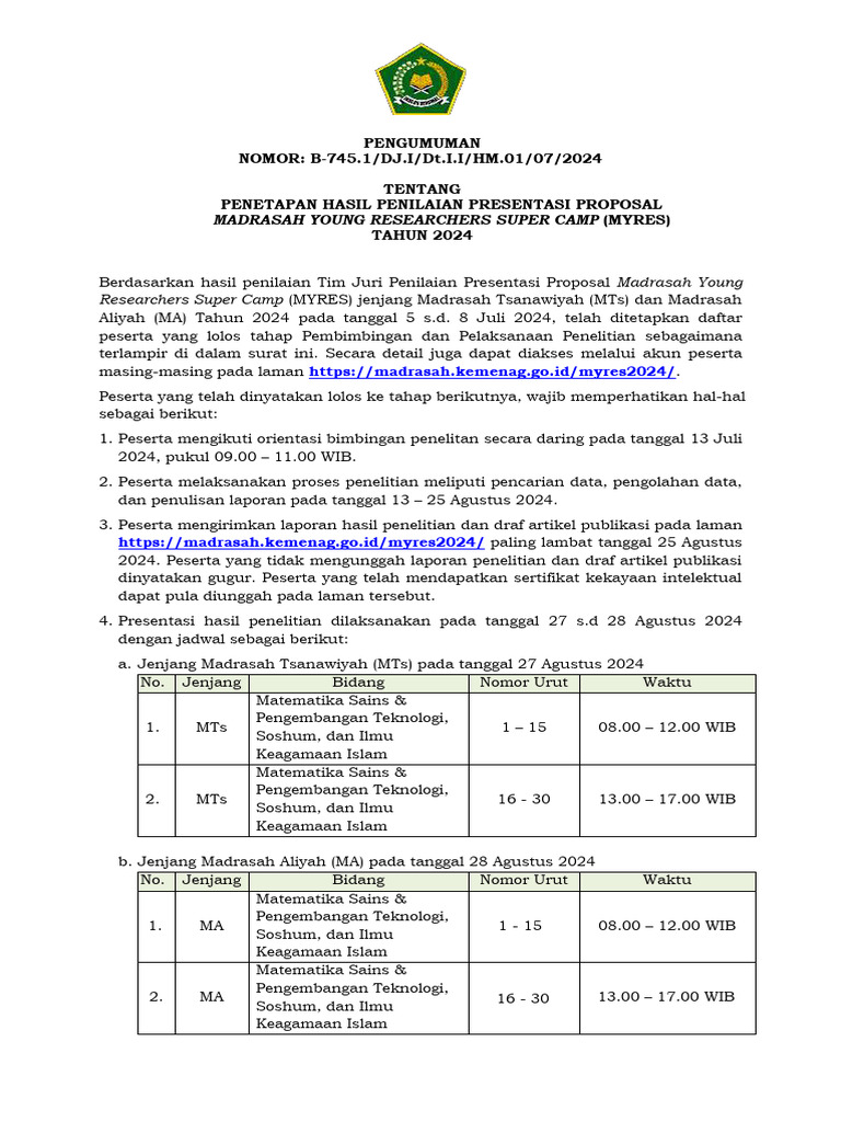 Pengumuman Hasil Presentasi Proposal MYRES 12072024 | PDF
