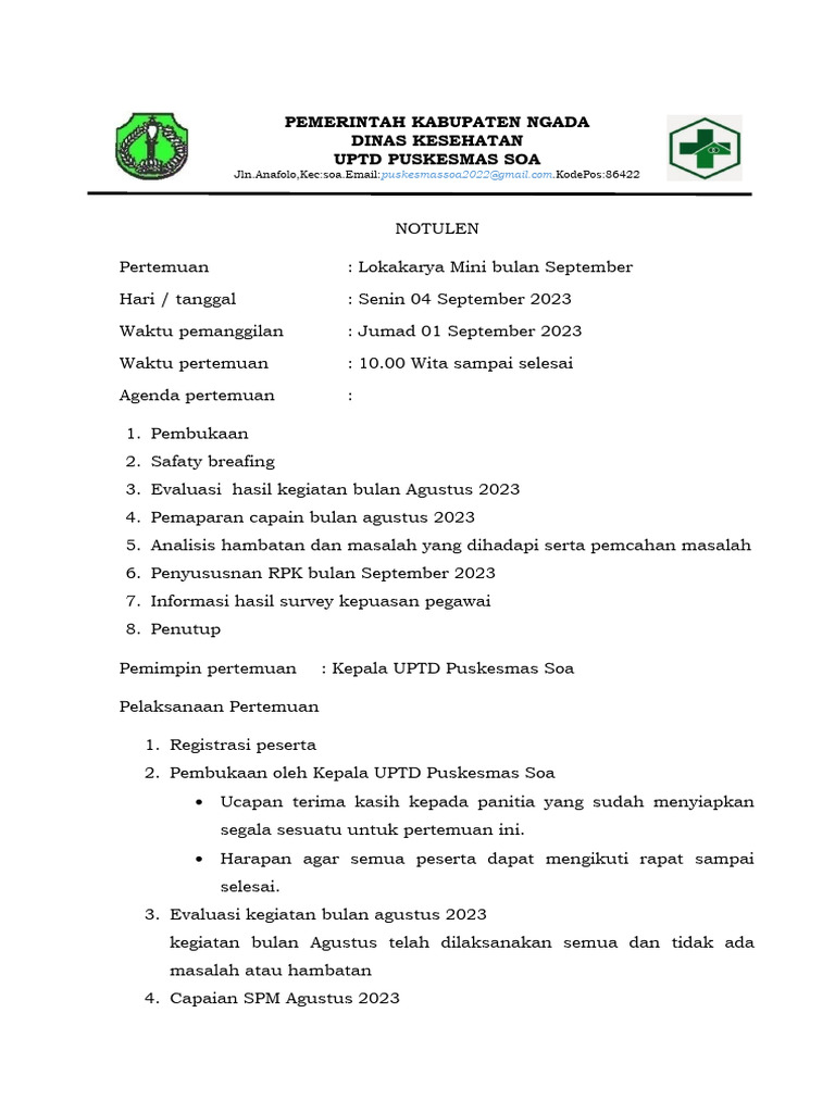 9 Notulen Lokmin Sep 2023 PKM Soa | PDF | Kesehatan Holistik