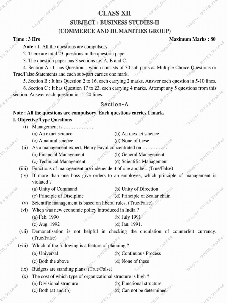 Class 12th Business Studies Board Exam March 2024 | PDF