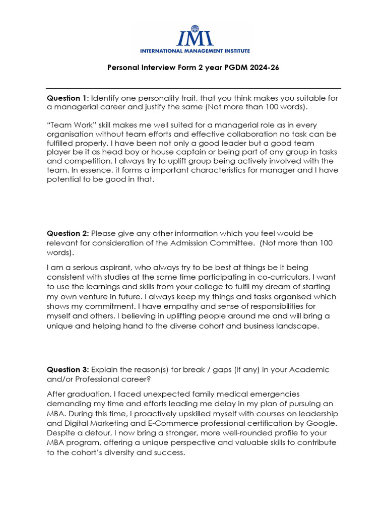 IMI Questionnaire | PDF | Master Of Business Administration | Leadership