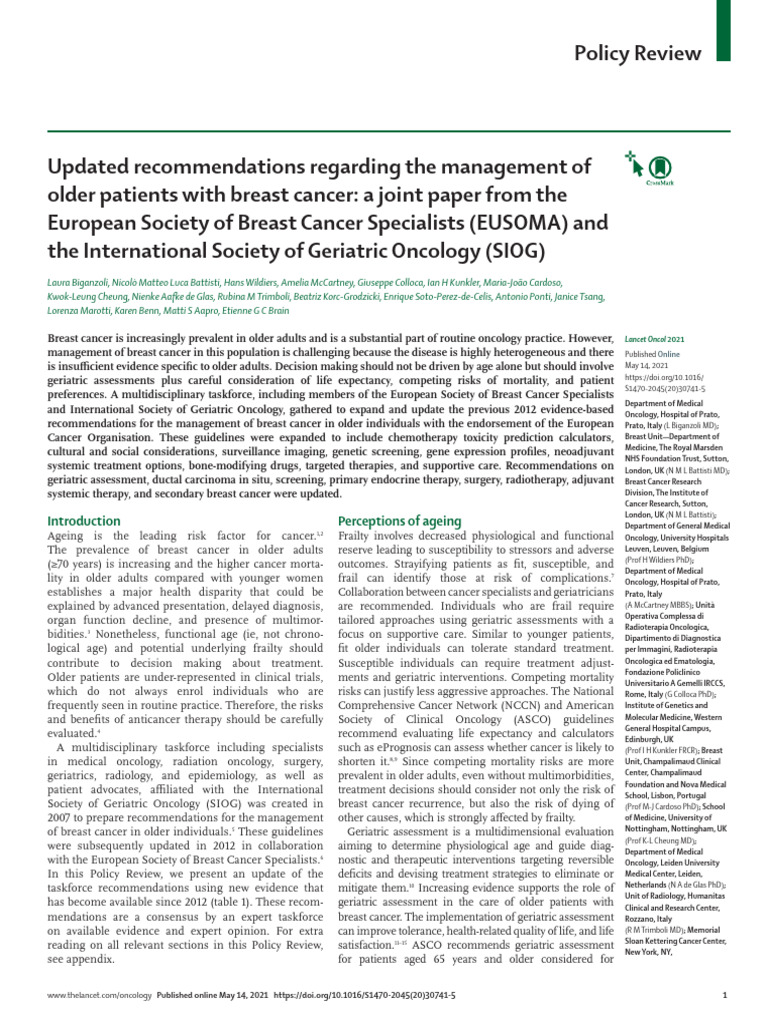 Eusoma and Siog Older Patient 2021 | PDF | Geriatrics | Breast Cancer