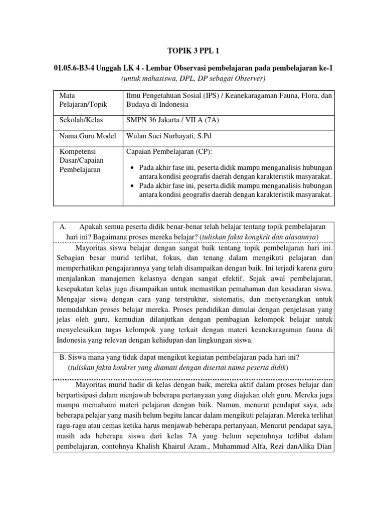 01.05.6-B3-4 LK 4 - Lembar Observasi Pembelajaran Pada Pembelajaran Ke-1 - 1 | PDF