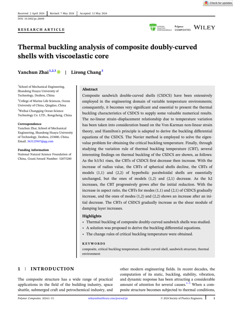 Polymer Composites - 2024 - Zhai - Thermal Buckling Analysis of ...