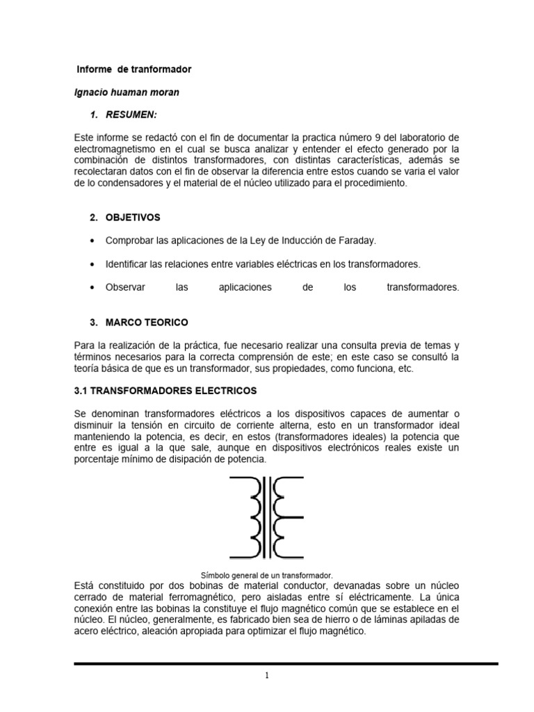Informe Del Transformador | PDF | Transformador | Inductor