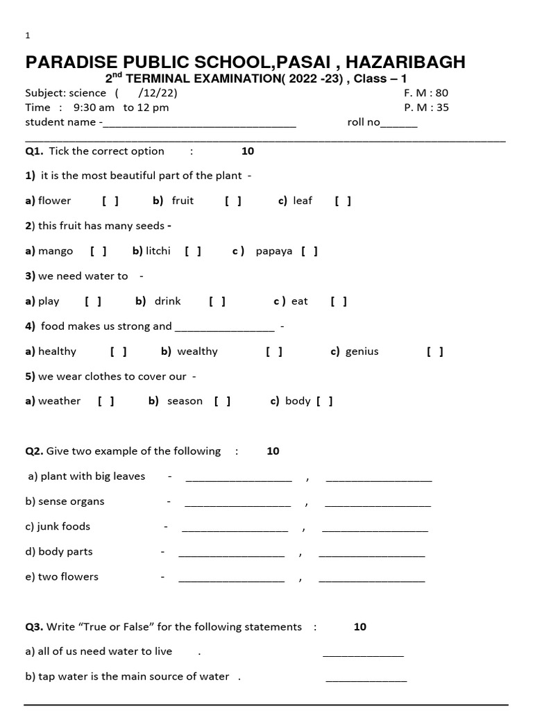 2nd Term Class 1 Science (2022) | PDF | Botany | Plants