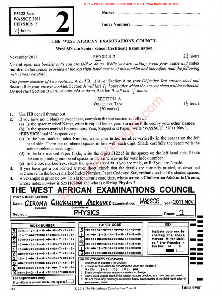 Waec Physics November 2011 Paper 2 Objective and Essay | PDF