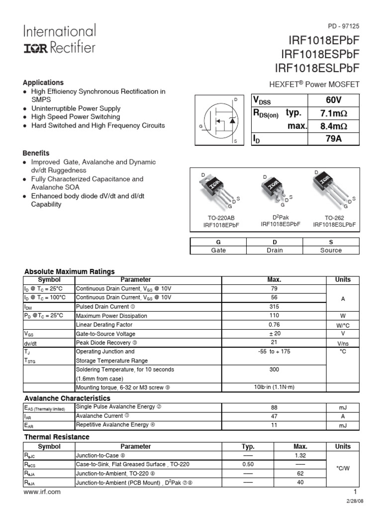 Infineon IRF1018E DataSheet v01 01 en | PDF | Semiconductor Devices ...