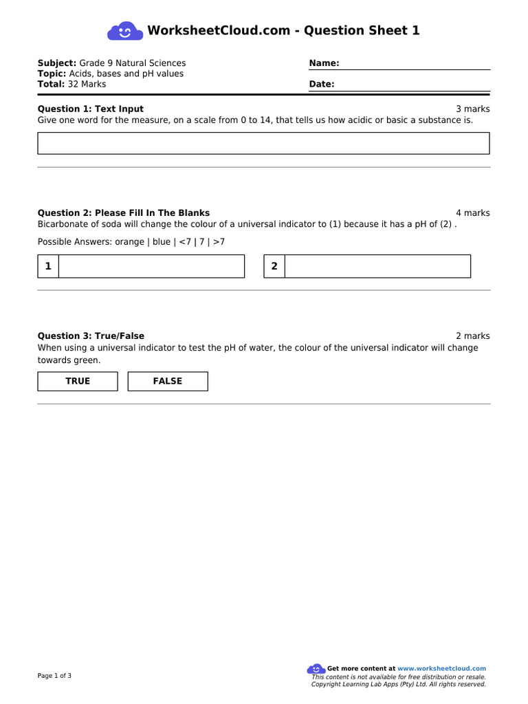 Acids Bases and PH Values Worksheet1 | PDF | Ph | Acid