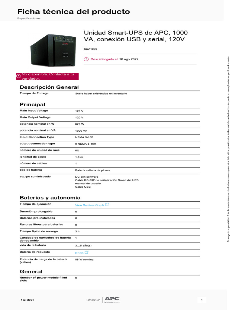 APC - No Break Smart UPS - SUA1000 | PDF | Residuos | Cantidades fisicas